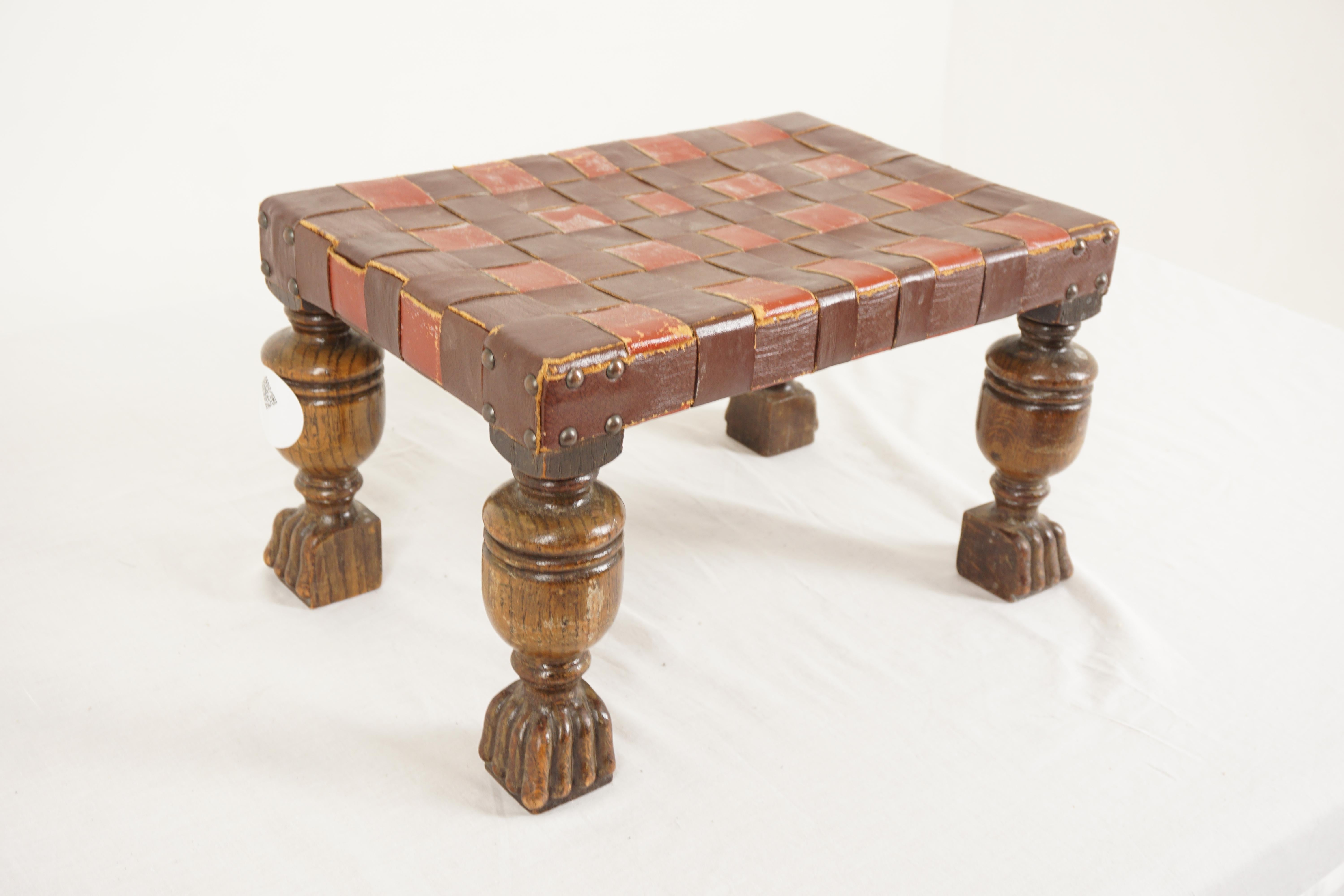 Antique Oak Bench, Vintage Leather Top Foot Stool, Scotland 1930, H1081 ...