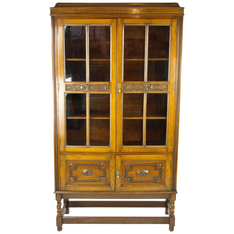 Antique Oak Bookcase, Four Door Bookcase, Carved Oak, Scotland, 1910 ...