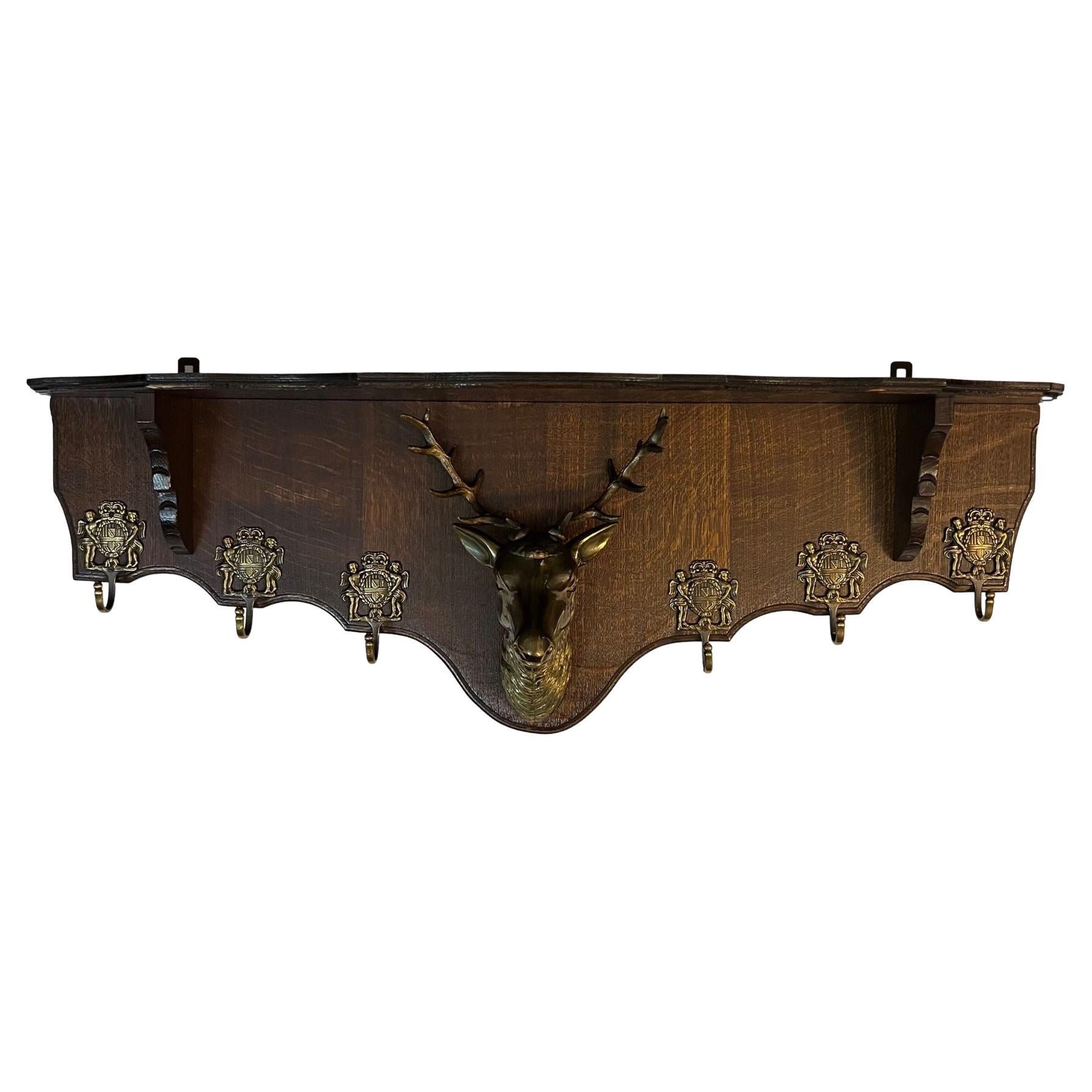Antique Oak Brass Stags Head Wall Coat Rack at 1stDibs