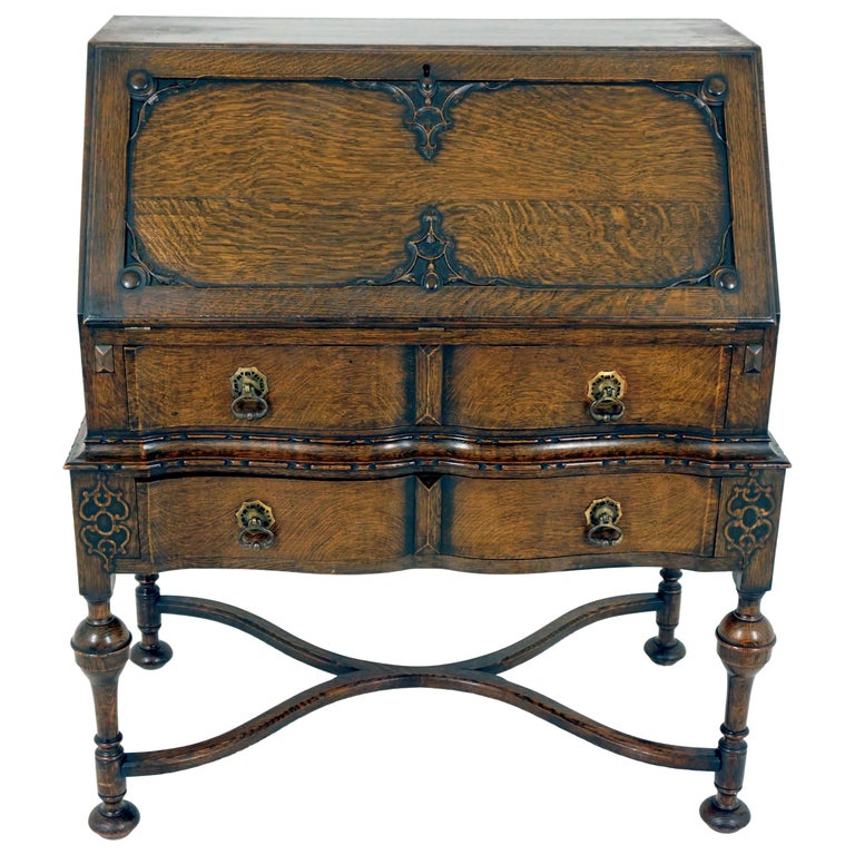 Antique Oak Desk, Fall Front Desk with Fitter Interior, Scotland 1910 ...