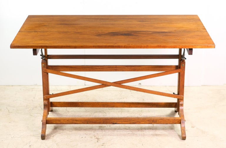 Antique Oak Drafting Table with Fruit Wood Legs and Steel Hardware For ...