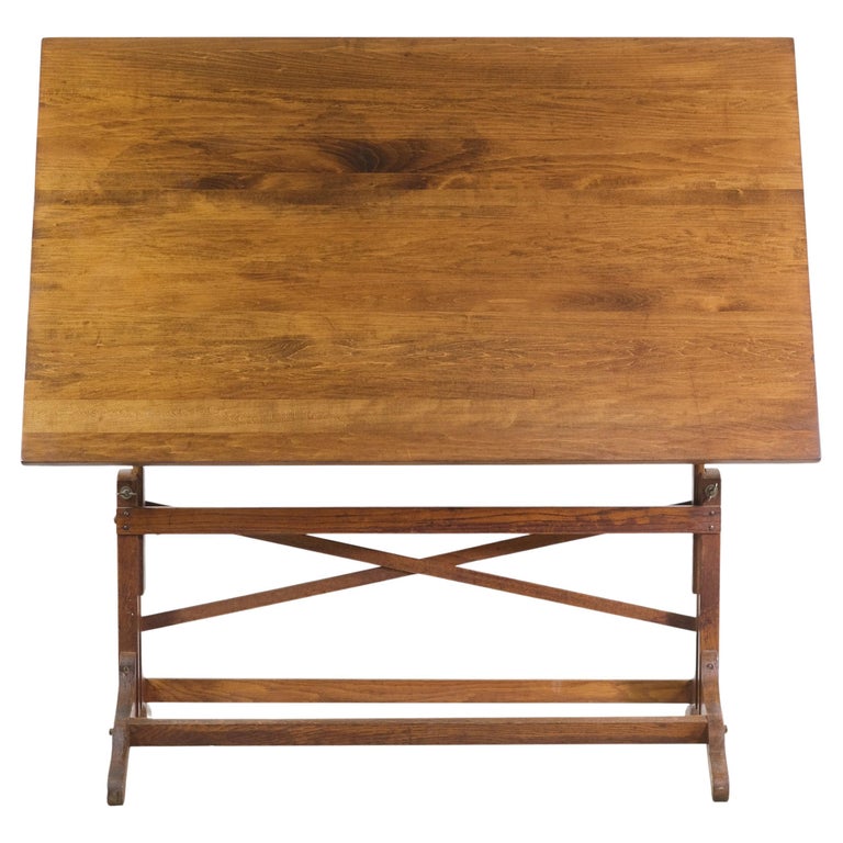 Antique Oak Drafting Table with Fruit Wood Legs and Steel Hardware For ...