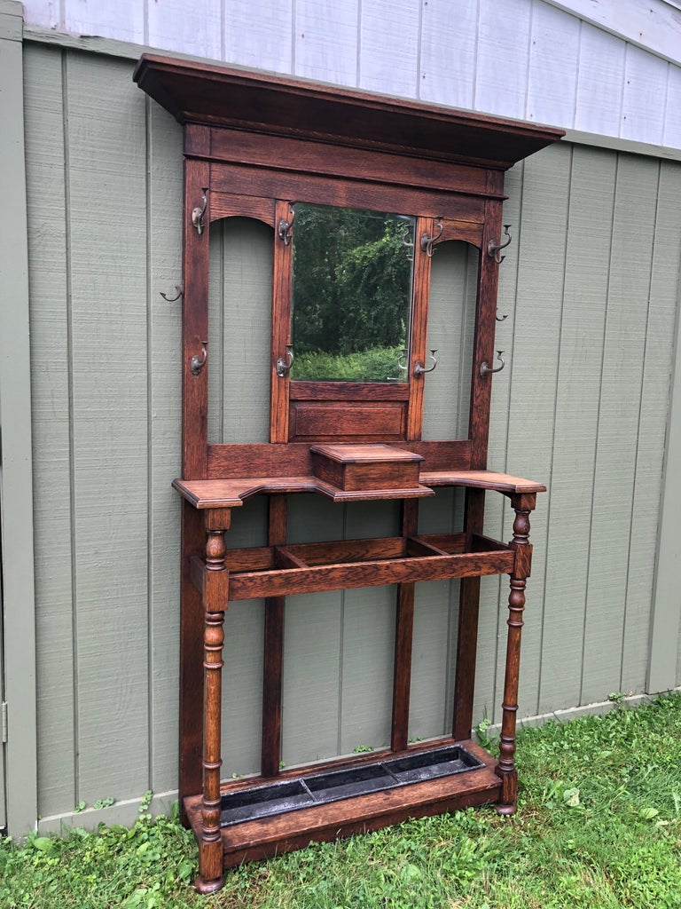 On Sale-Antique Oak Hall Tree with Mirror For Sale at 1stDibs
