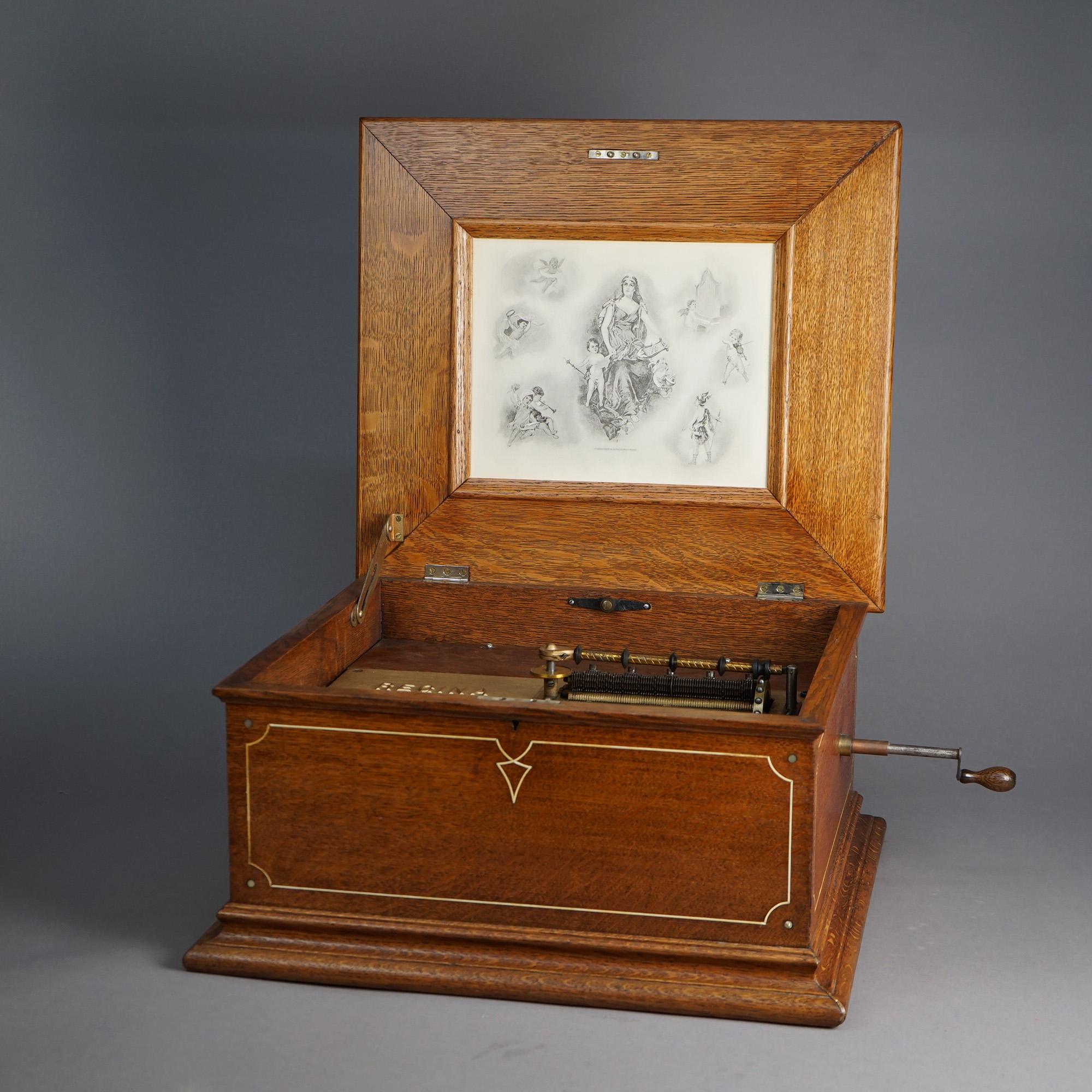 Antique Oak Inlaid Regina Music Box with 5 Discs 19th C For Sale at 1stDibs
