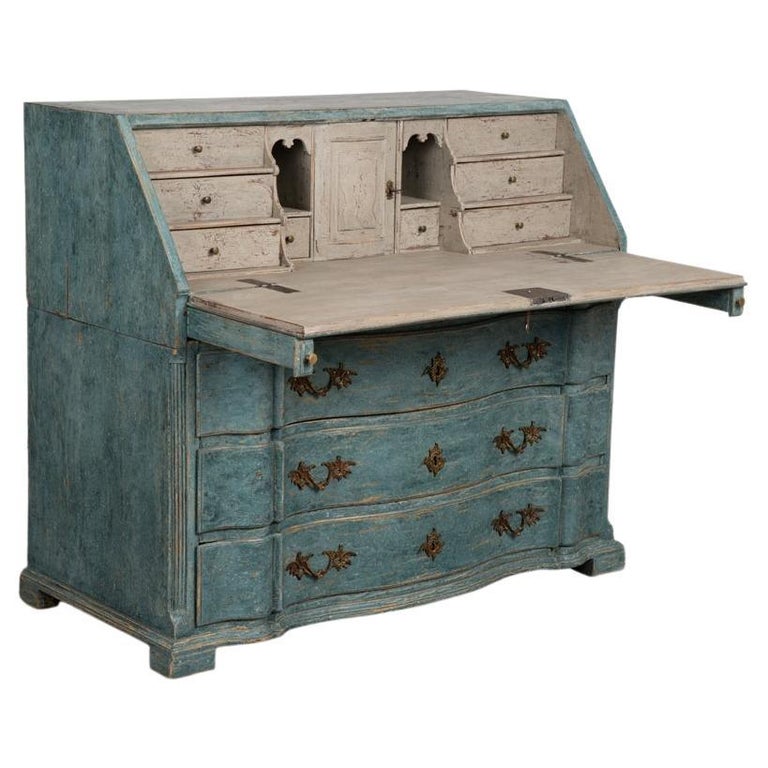 Antique Oak Rococo Blue Painted Secretary Bureau from Sweden For Sale ...