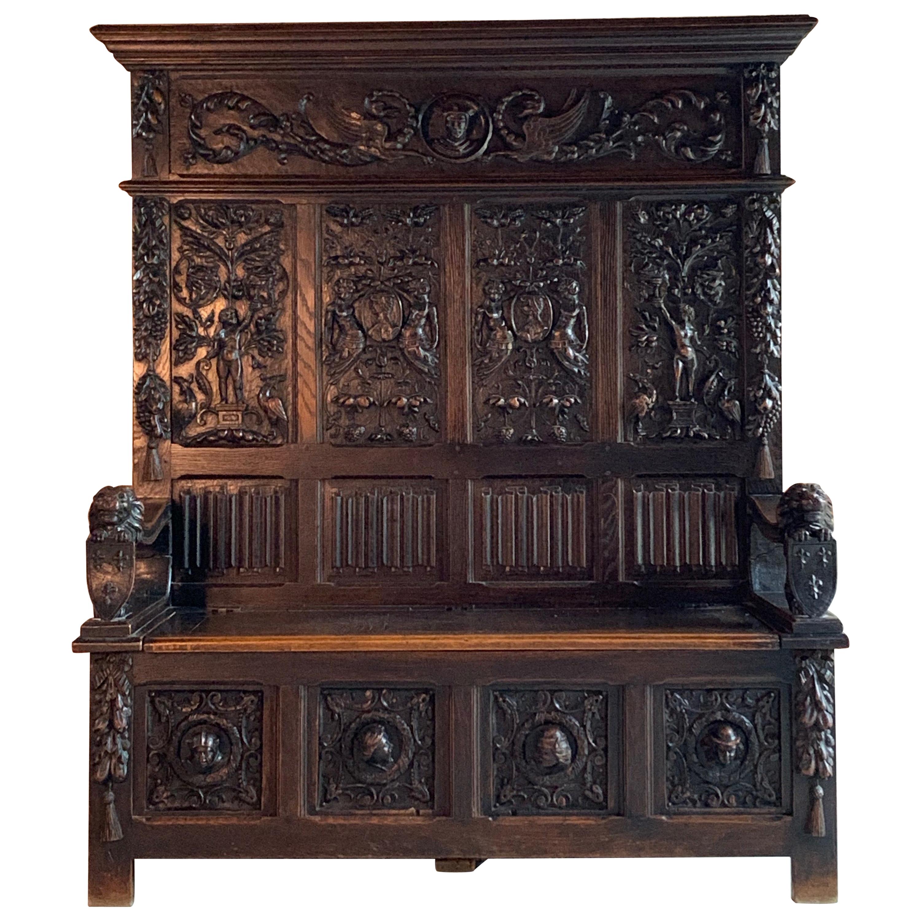 Antique Oak Settle Bench Heavily Carved 19th Century Victorian, circa ...