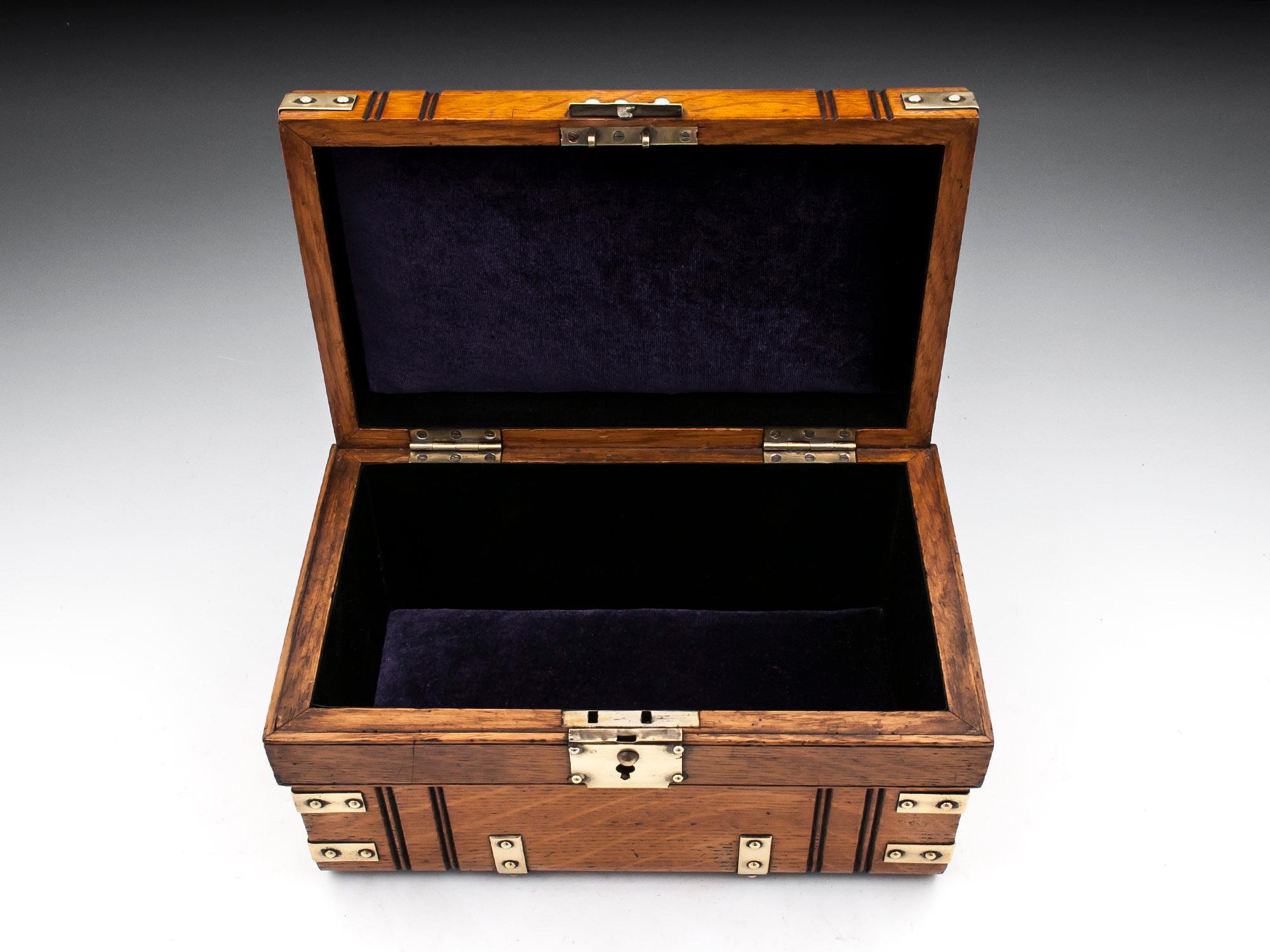 Antique Oak Silk Velvet Luggage Trunk Box, 20th Century at 1stDibs