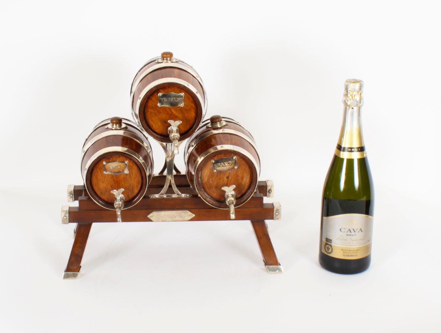 Antique Oak Silver plated Three Oak Barrel Decanters on Stand 19th ...