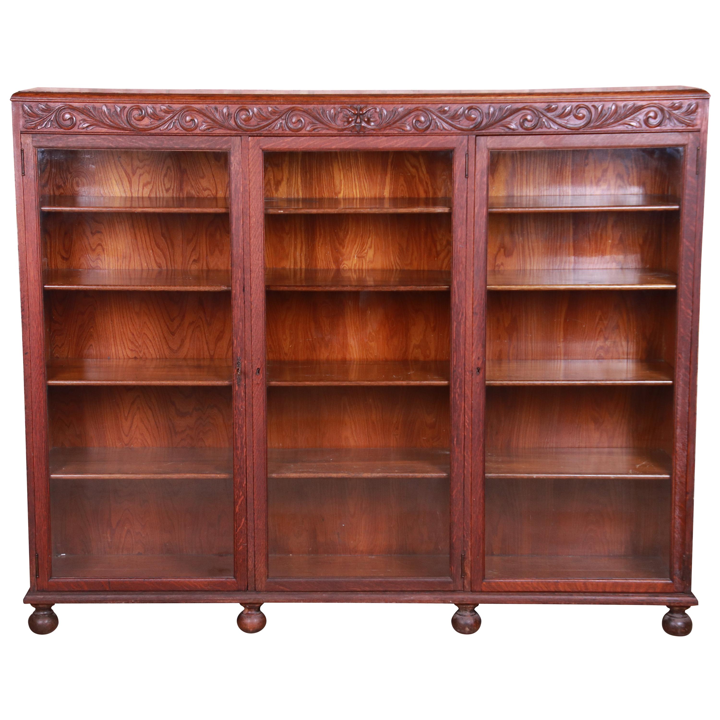 Antique Oak Triple Bookcase with Old Man of the North Carving, circa ...