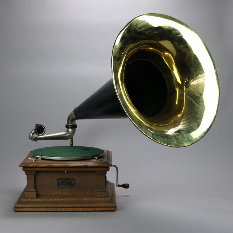 Antique Oak Victor V (Model Five) Phonograph with Brass Bell Horn c1900 ...