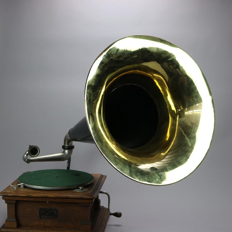 Antique Oak Victor V (Model Five) Phonograph with Brass Bell Horn c1900 ...