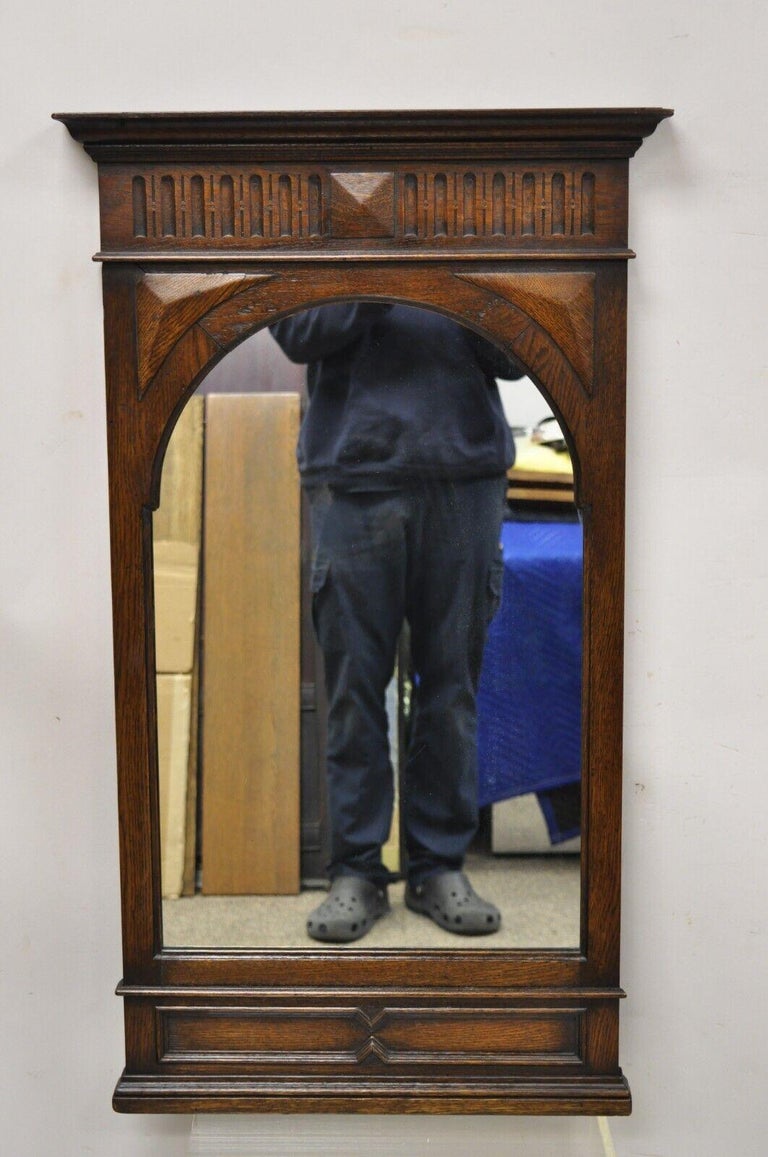 Antique Oak Wood Jacobean Style Carved Pediment Wall Mirror For Sale at ...