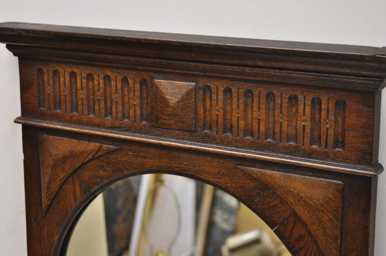 Antique Oak Wood Jacobean Style Carved Pediment Wall Mirror For Sale at ...