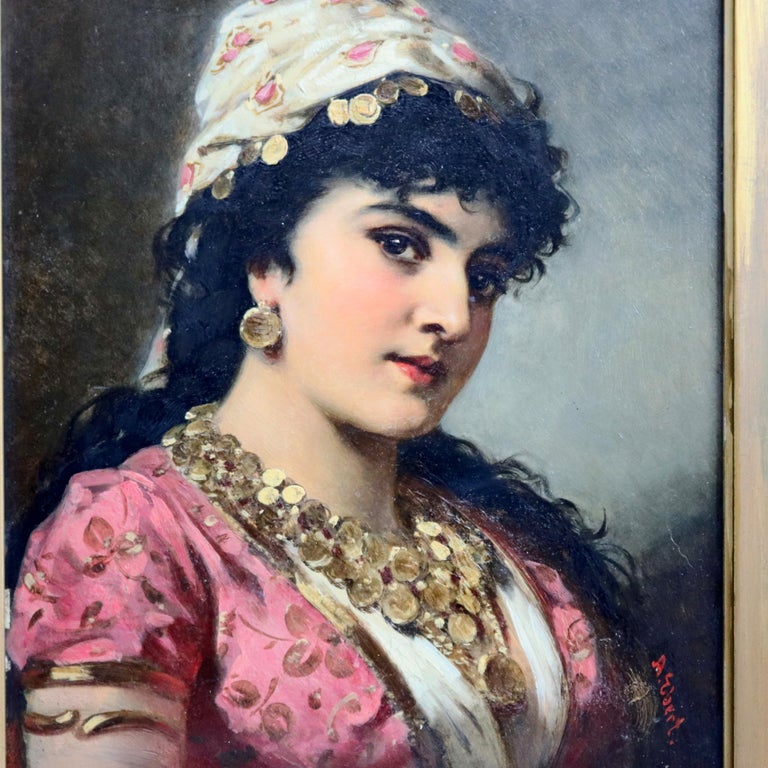 Antique Oil on Board Portrait Painting of a Young Woman by Anton Ebert ...