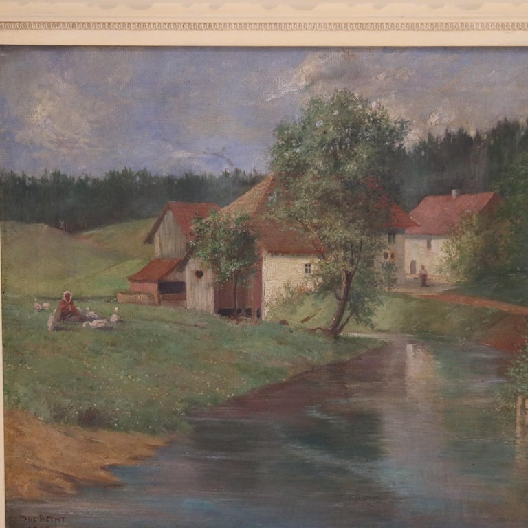 Antique Oil on Canvas Landscape Painting, Farm Scene, Signed Brecht ...