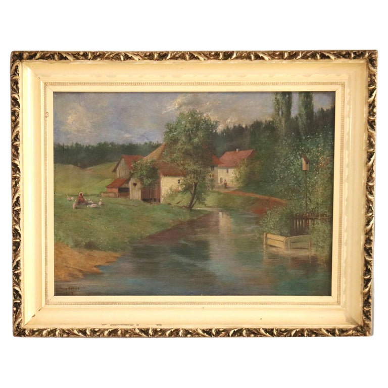Antique Oil on Canvas Landscape Painting, Farm Scene, Signed Brecht ...