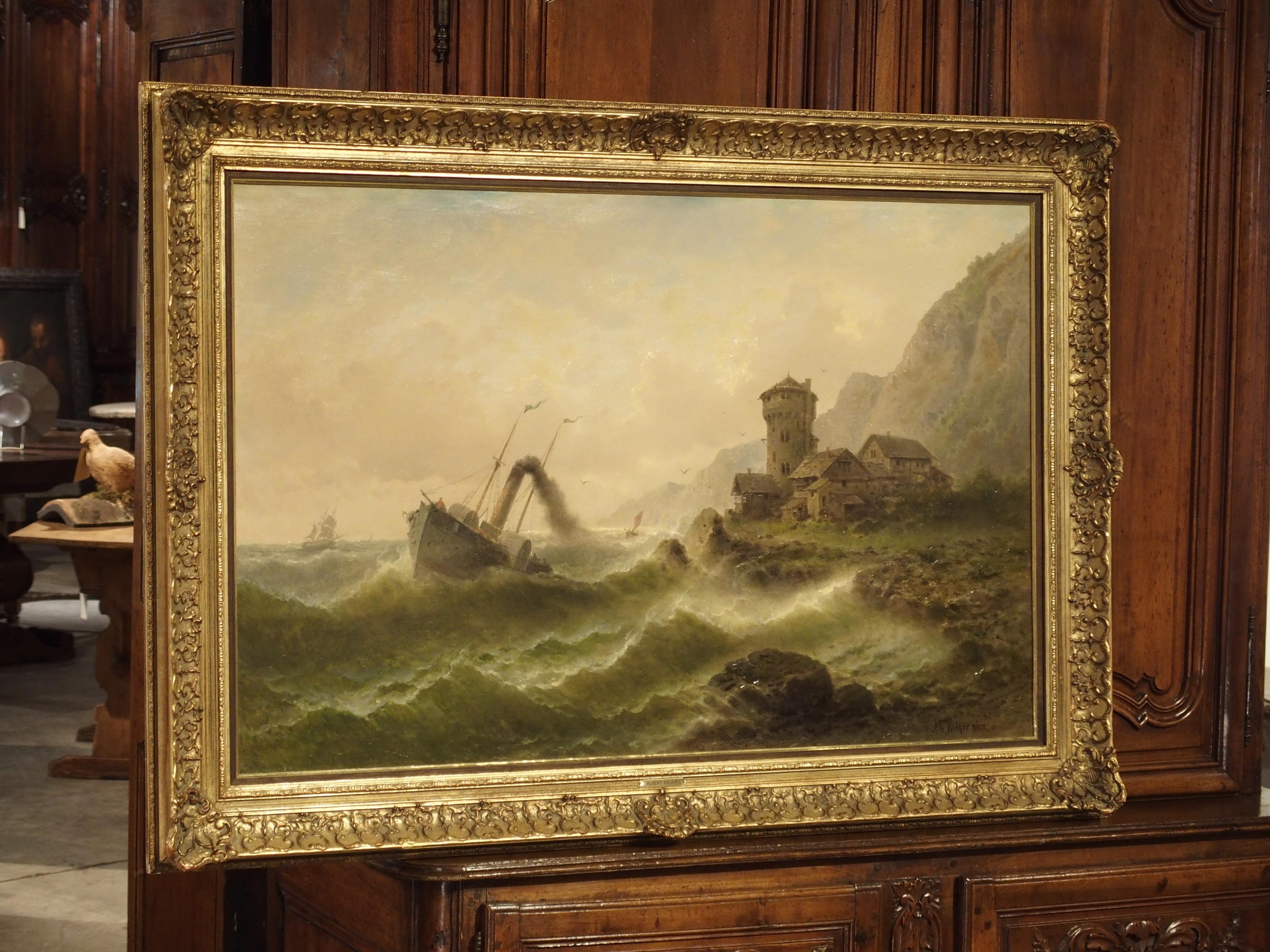 Antique Oil Painting of a Steam Ship in Rough Seas, Albert Rieger, 19th ...