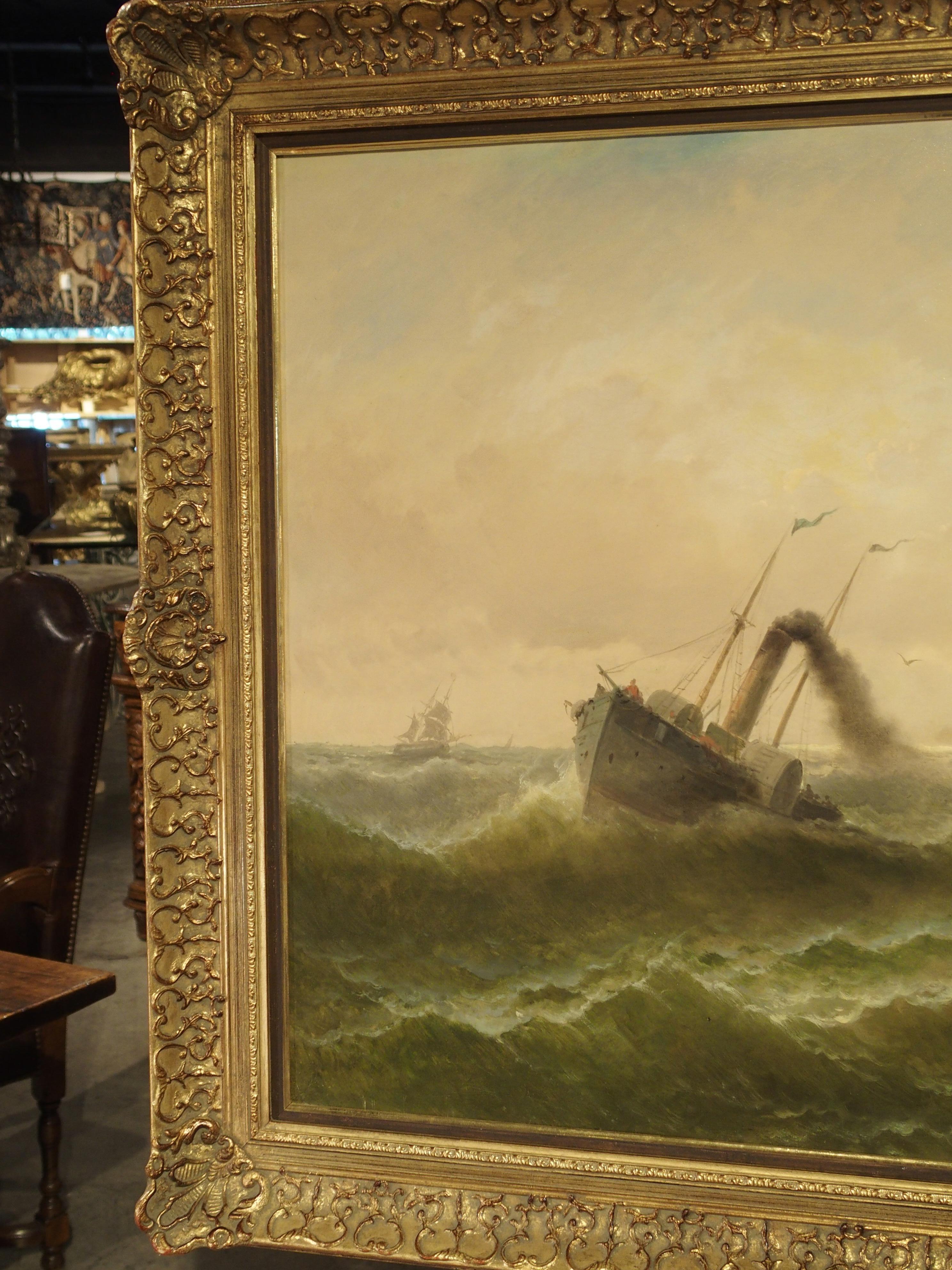 Antique Oil Painting of a Steam Ship in Rough Seas, Albert Rieger, 19th ...
