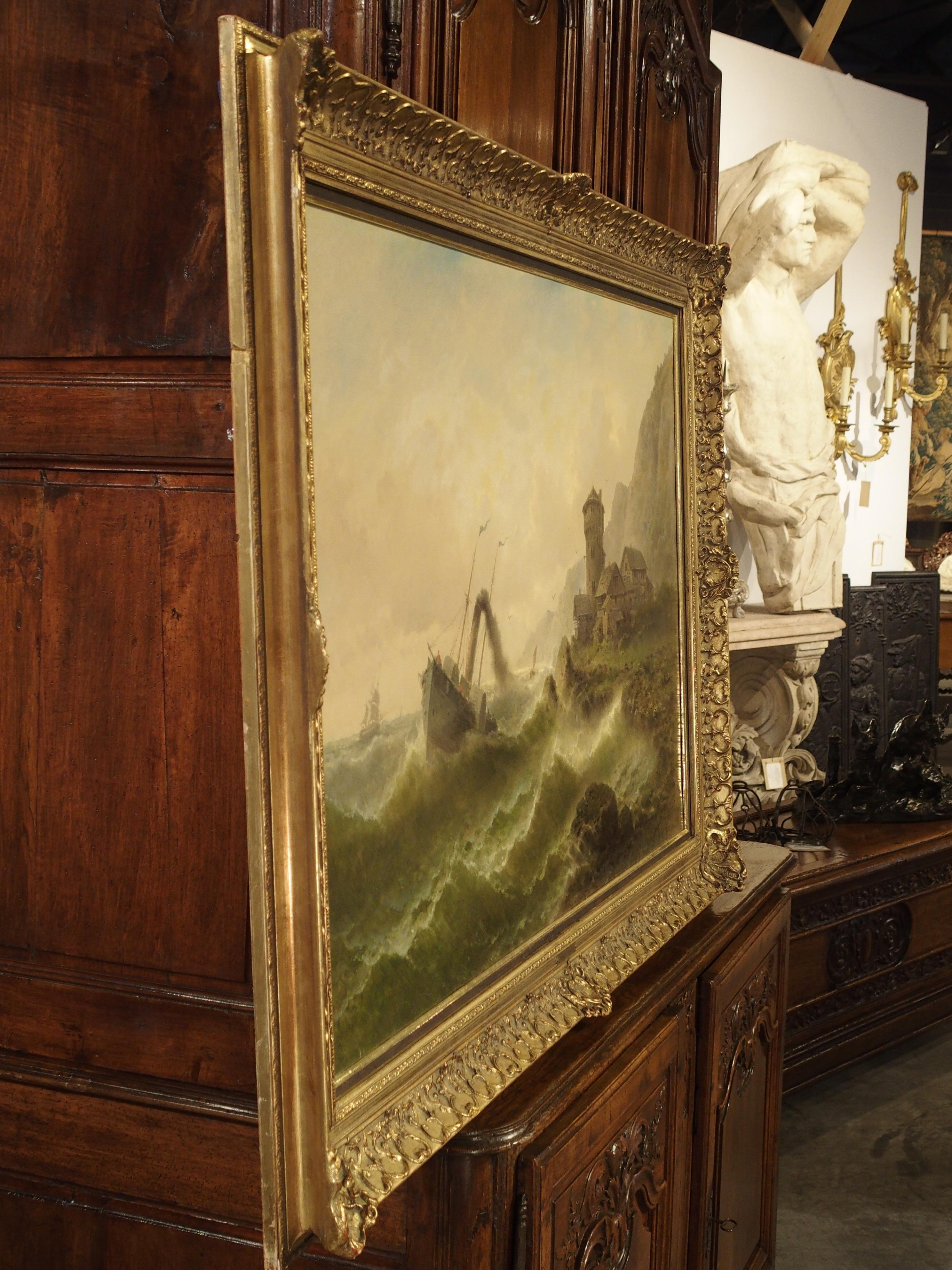 Antique Oil Painting of a Steam Ship in Rough Seas, Albert Rieger, 19th ...