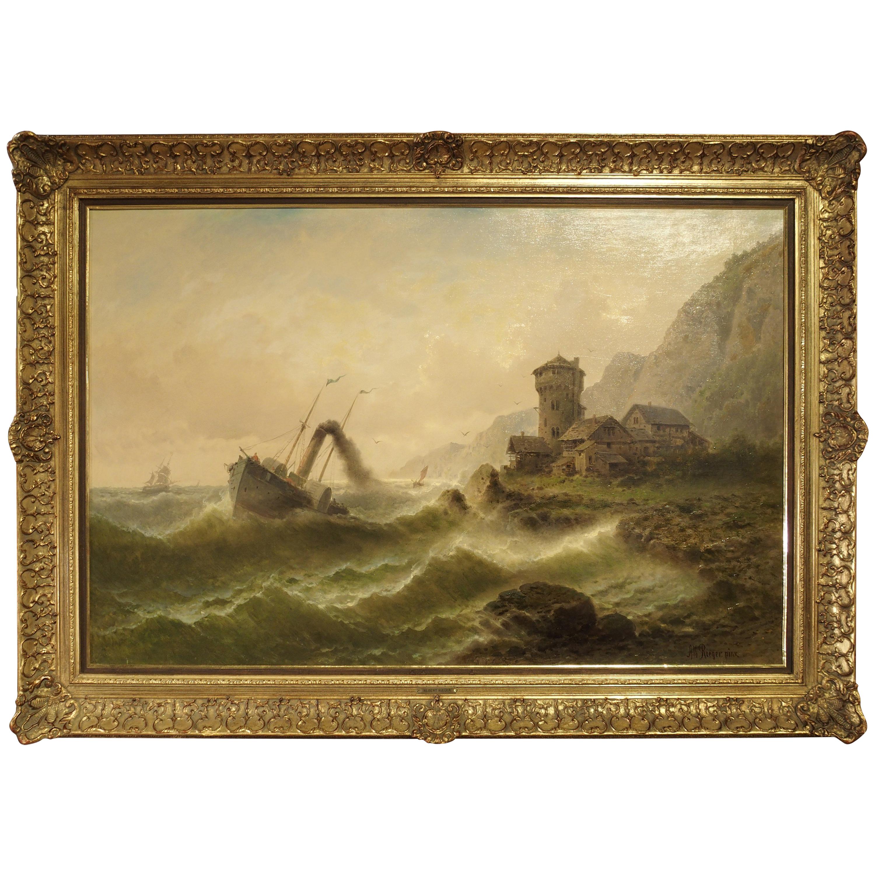 Antique Oil Painting of a Steam Ship in Rough Seas, Albert Rieger, 19th ...