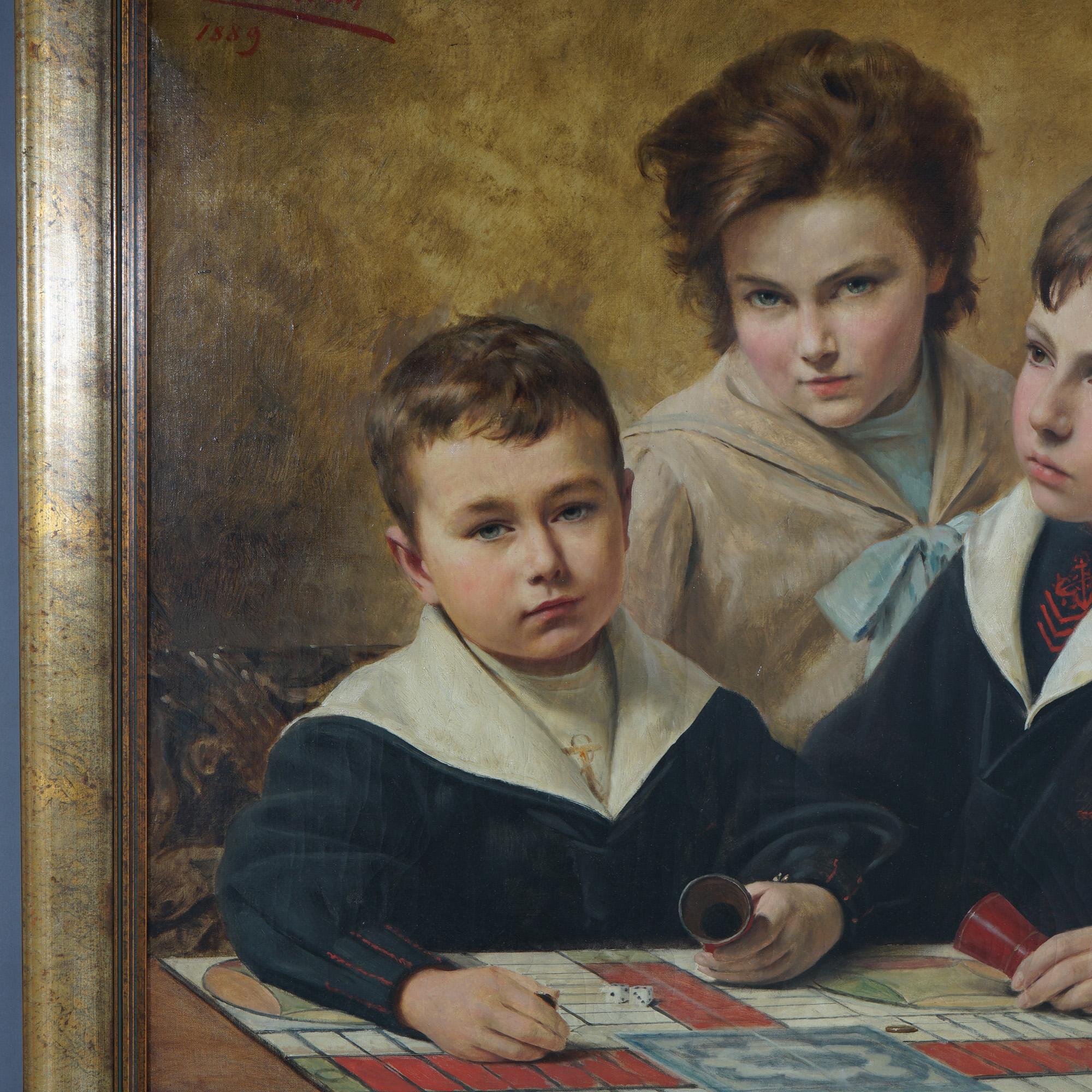 Antique Oil Painting of Children Playing Game (Parcheesi) by T ...