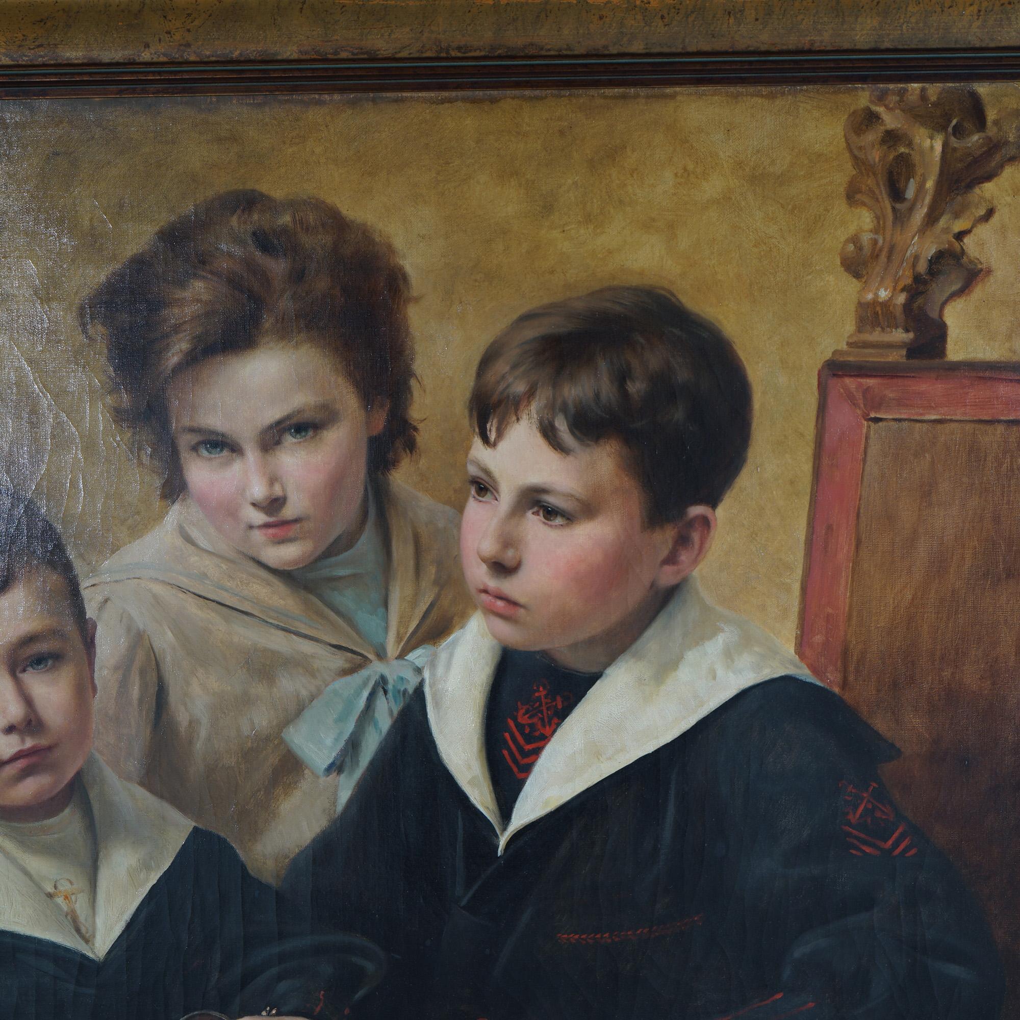 Antique Oil Painting of Children Playing Game (Parcheesi) by T ...