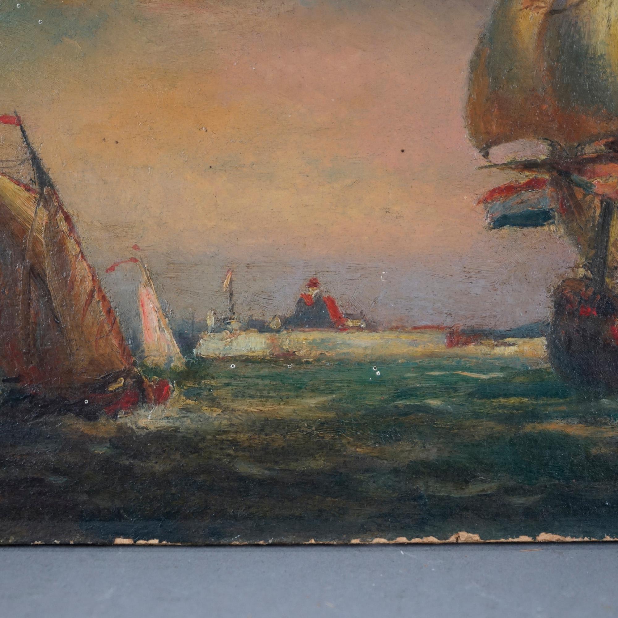 Antique Oil Painting of Historical Nautical Scene by Jean Ferris, Circa ...