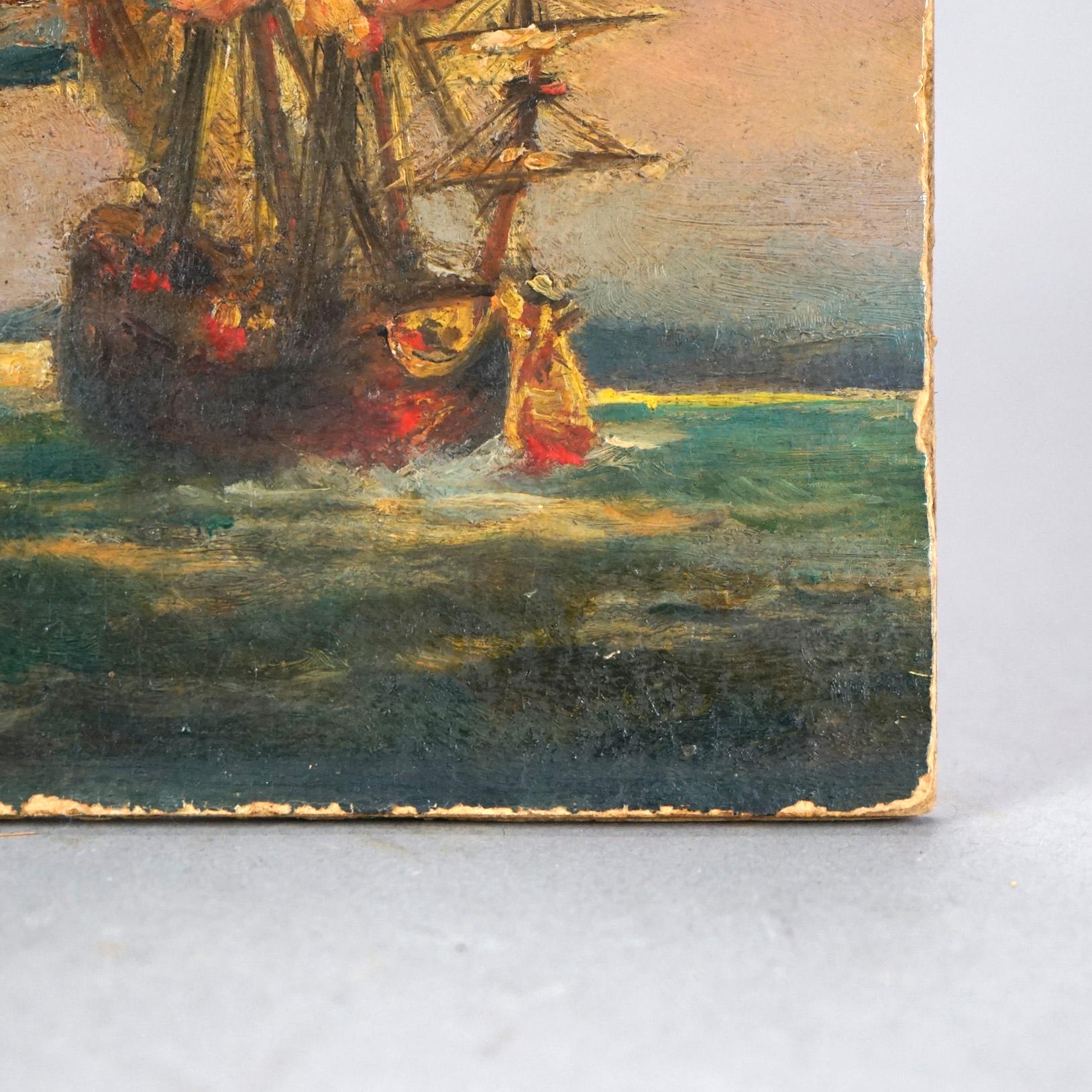 Antique Oil Painting of Historical Nautical Scene by Jean Ferris, Circa ...