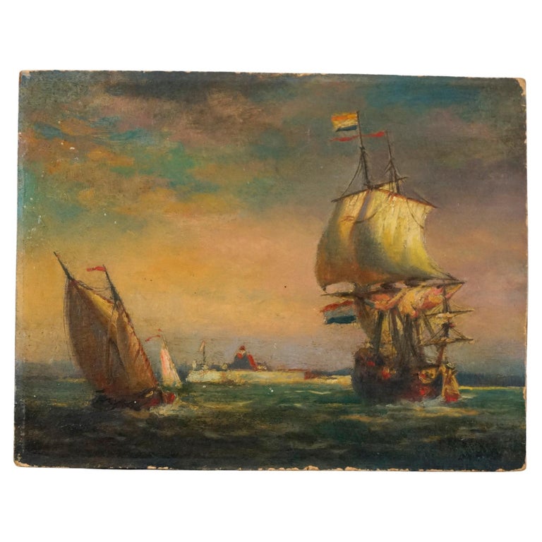 Antique Oil Painting of Historical Nautical Scene by Jean Ferris, Circa ...