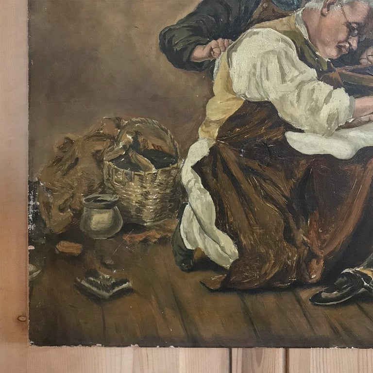 Antique Oil Painting on Board of Shoemaker at Work For Sale at 1stDibs