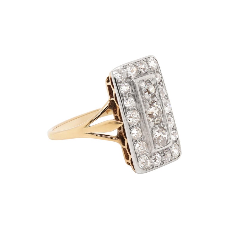 Antique Old Cut Diamond 18 Carat Yellow Gold and Platinum Rectangular ...