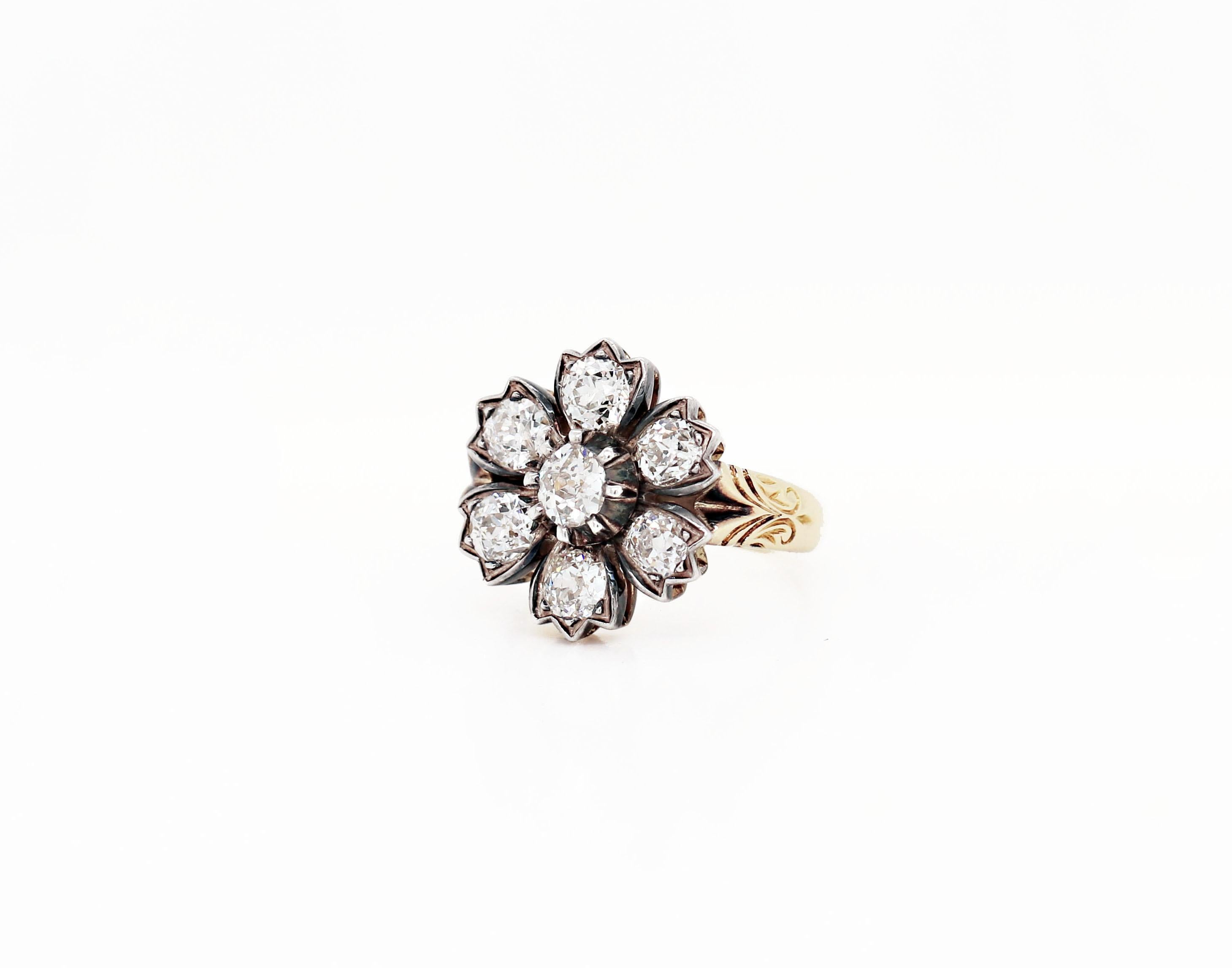 Antique Old Cut Diamond Flower Cluster Silver on 18 Carat Yellow Gold ...