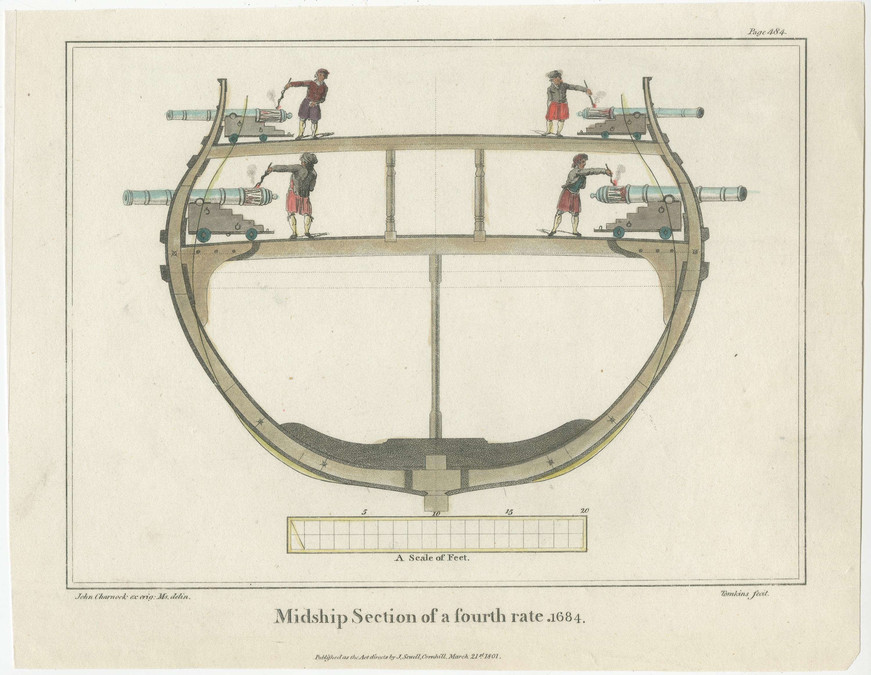 Antique Old Hand-Colored Print of Ship Section of a Fourth Rate War ...