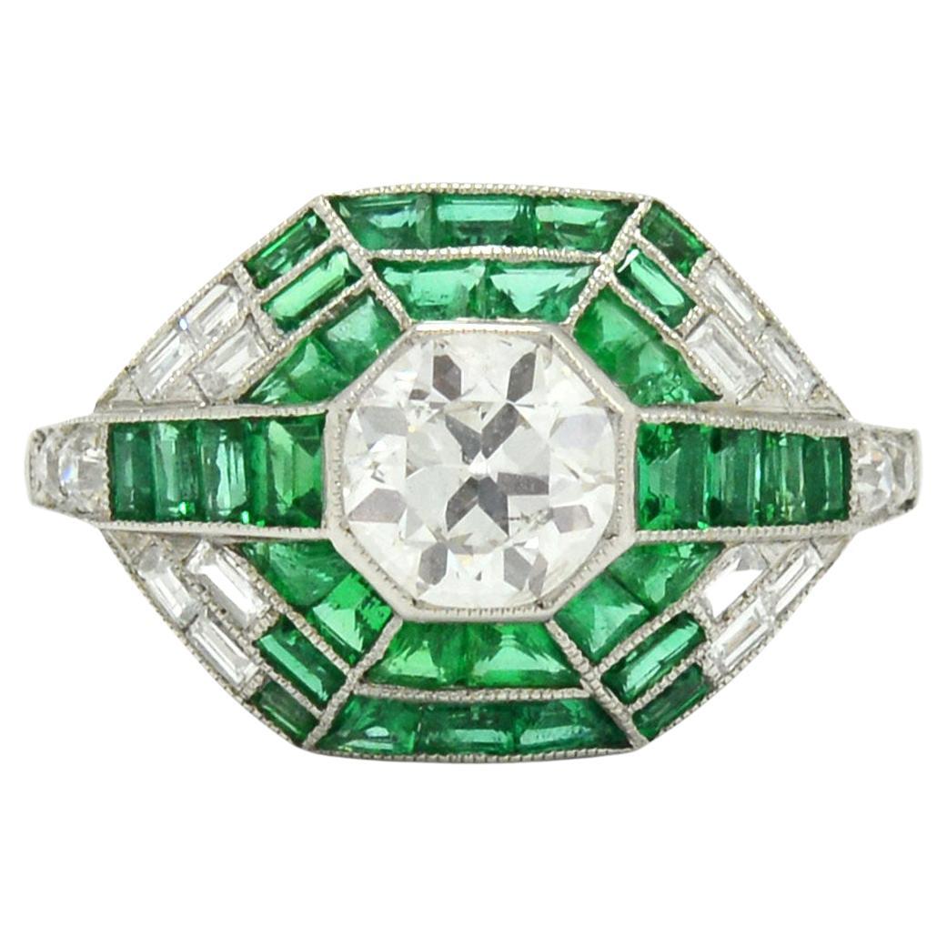 Antique Old Mine Cut Diamond Emerald Engagement Ring Art Deco Style ...