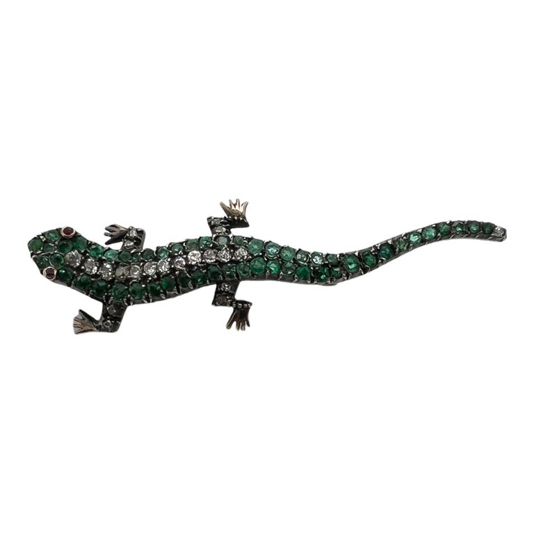 Antique Old Mine Cut Diamond Emerald Yellow Gold Silver Salamander ...