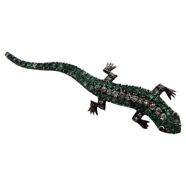 Antique Old Mine Cut Diamond Emerald Yellow Gold Silver Salamander ...