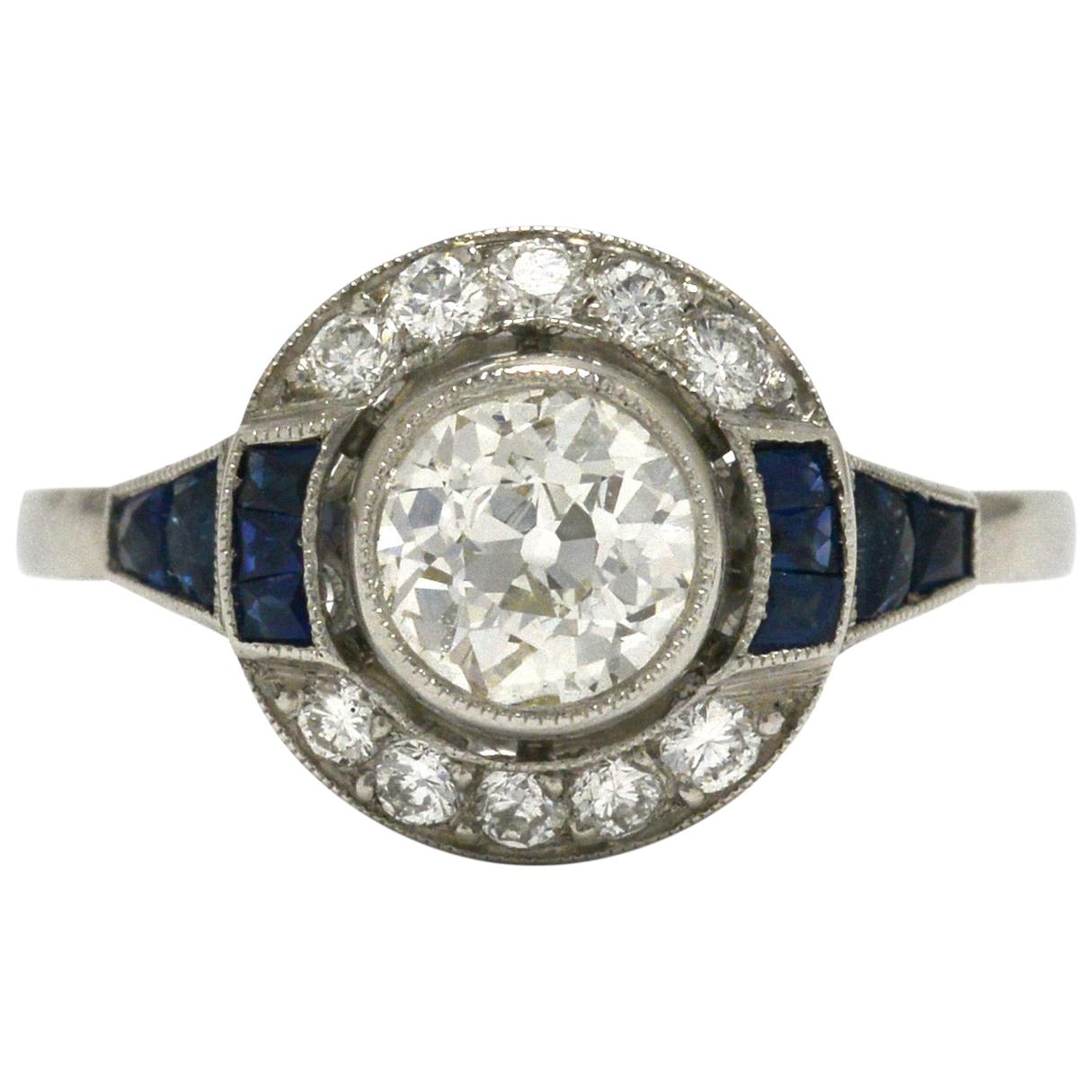 Old Mine Cut Diamond Engagement Ring Blue Sapphire Art Deco Style ...