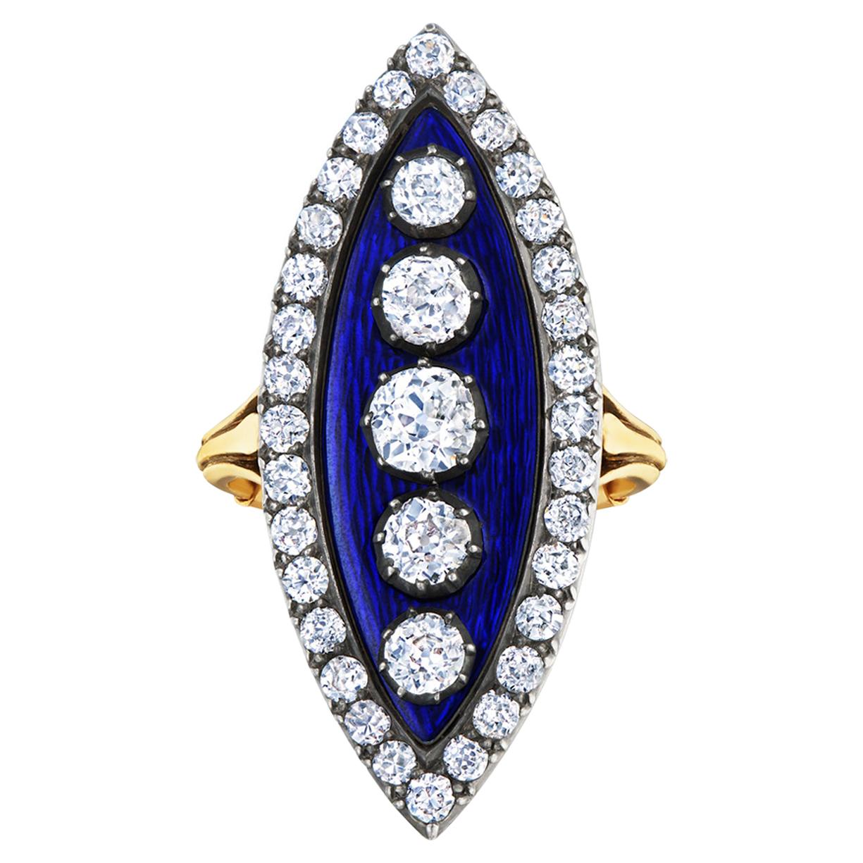 Antique Old Mine Diamond and Blue Enamel Navette Ring, circa 1860s For ...