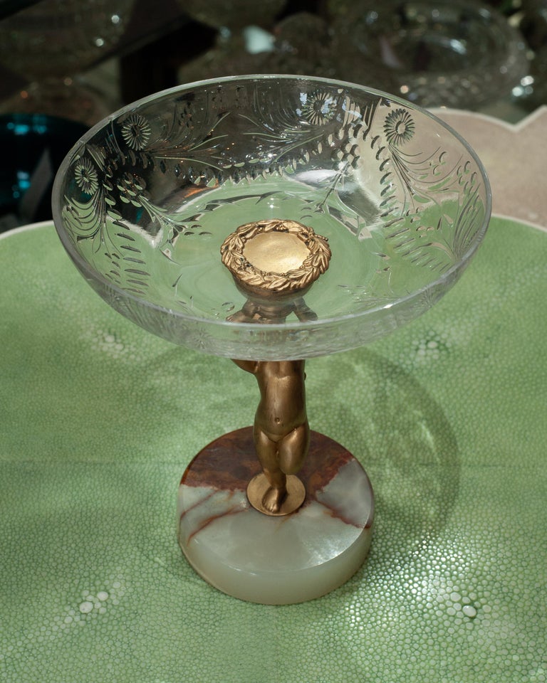 Antique Green Onyx and Pierpont Cherub Cut Crystal Compote Dish For ...