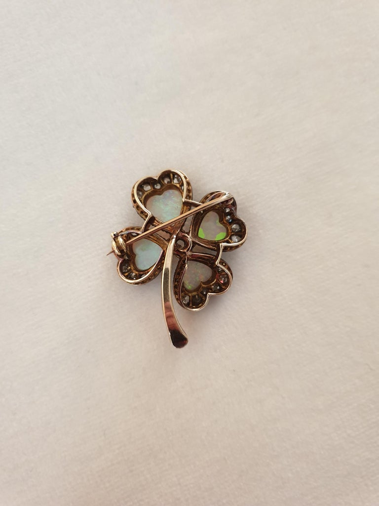 Antique Gold Opal and Diamond Clover Brooch For Sale at 1stDibs