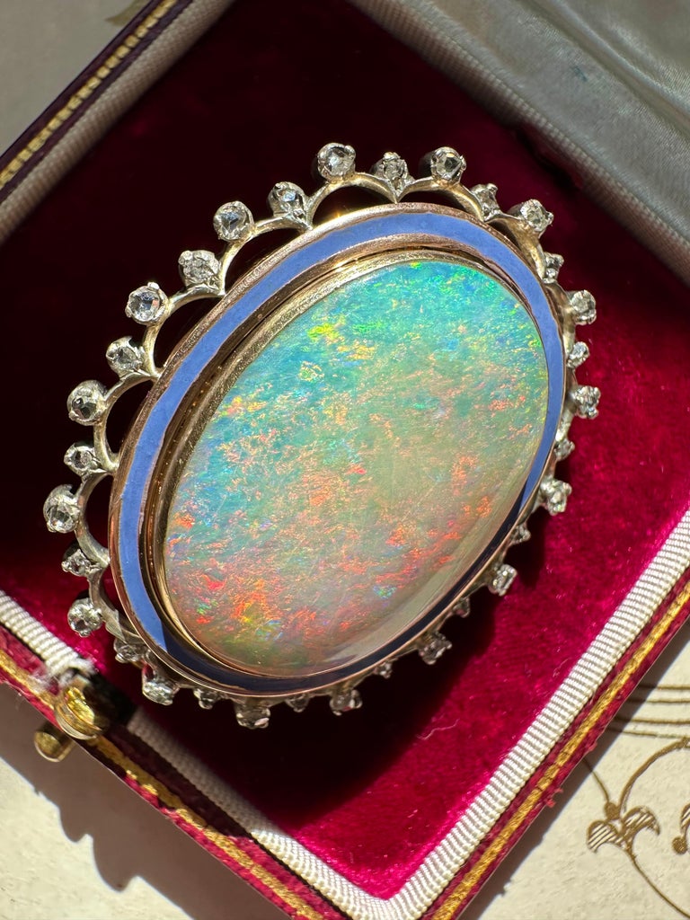 Antique Opal and Rose Cut Diamond Brooch with Blue Enamel Broder For ...