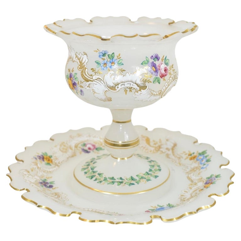 Antique Opaline Enameled Glass Tazza Bowl and Plate, 19th Century For ...