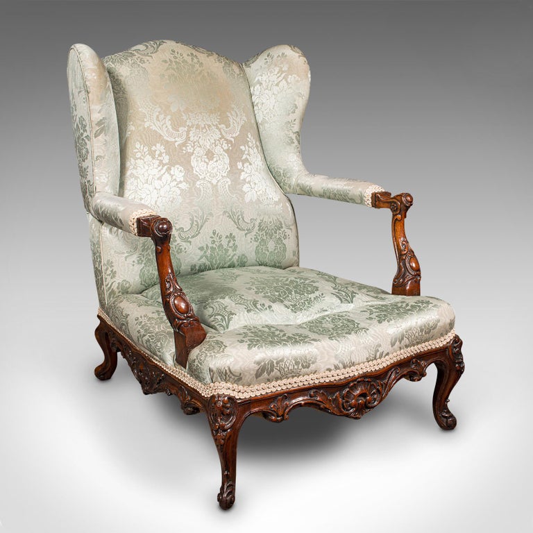 Antique Open Armchair, French, Walnut, Salon Chair, Damask Upholstery ...