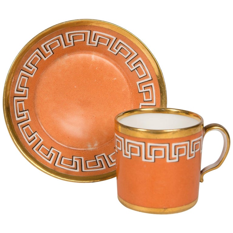 Antique Orange Cup and Saucer with Greek Key Gilt Design, England circa ...