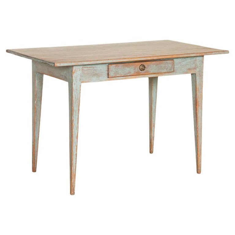 Antique Original Blue Painted Table or Small Desk With Tapered Legs ...