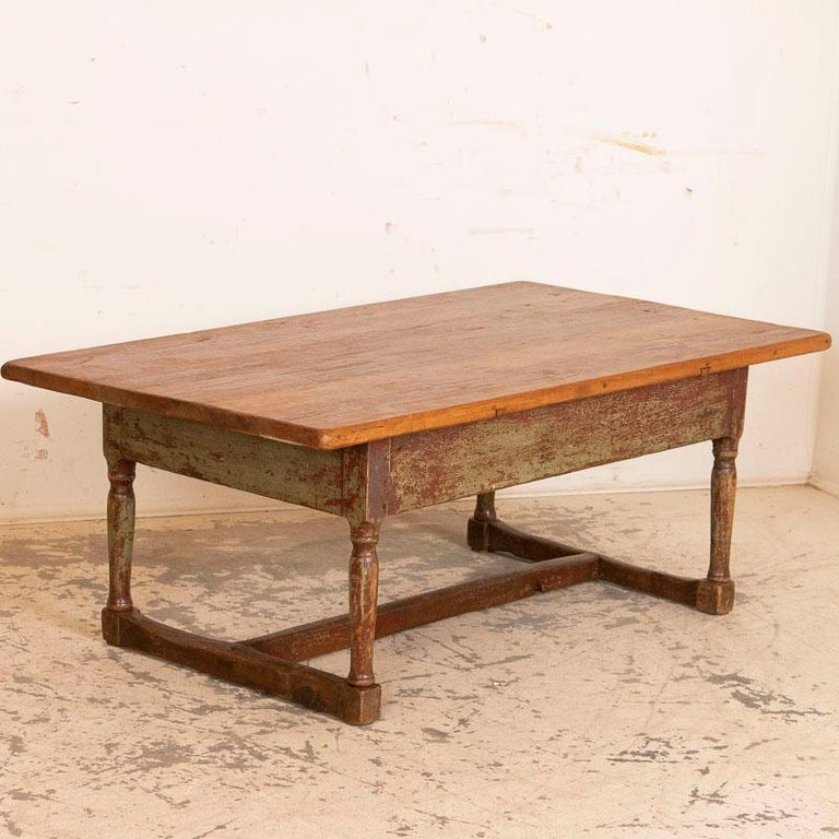 Antique Original Green Painted Farmhouse Coffee Table with Two Drawers ...