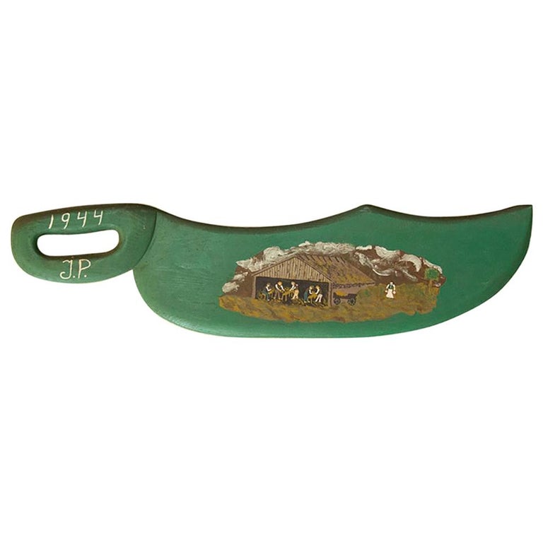 Antique Original Hand Painted Flax Tool with Scene of Farmers Scutching ...