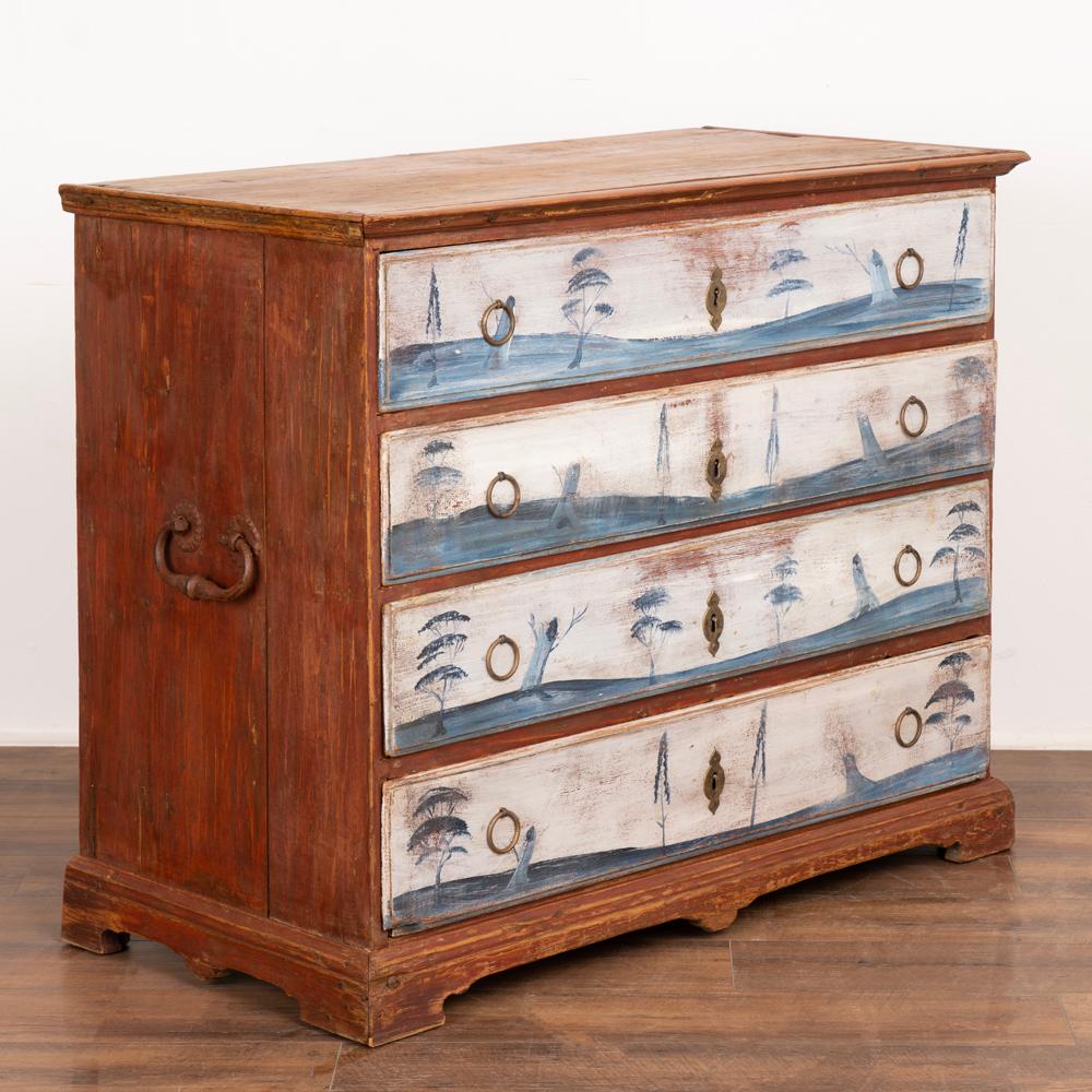 Antique Original Hand Painted Red Chest of Drawers with Blue Trees ...