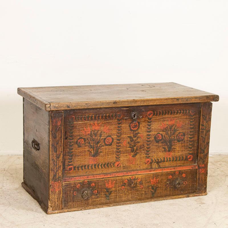 Antique Original Painted Large Trunk with Drawer and Red Flowers Dated ...