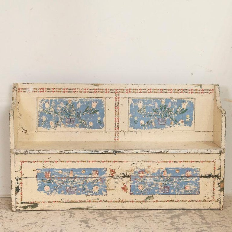 Antique Original Painted White Bench with Flowers, Hidden Storage under ...